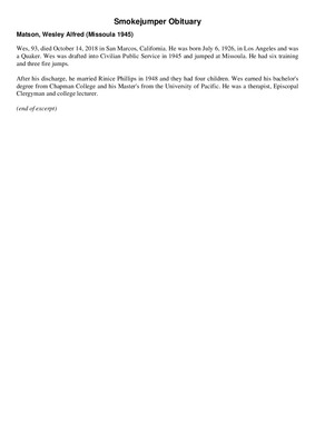 "Smokejumper Obituary: Matson, Wesley Alfred (Missoula 1945)" by ...