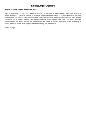 "Smokejumper Obituary: Sando, Rodney Wayne (Missoula 1965)" by National ...