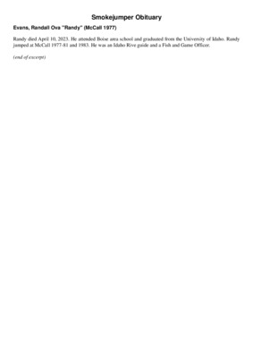 "Smokejumper Obituary: Evans, Randall Ova "Randy" (McCall 1977)" by ...