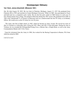 "Smokejumper Obituary: Van Vleck, James “Jim” (Missoula 1961)" by ...